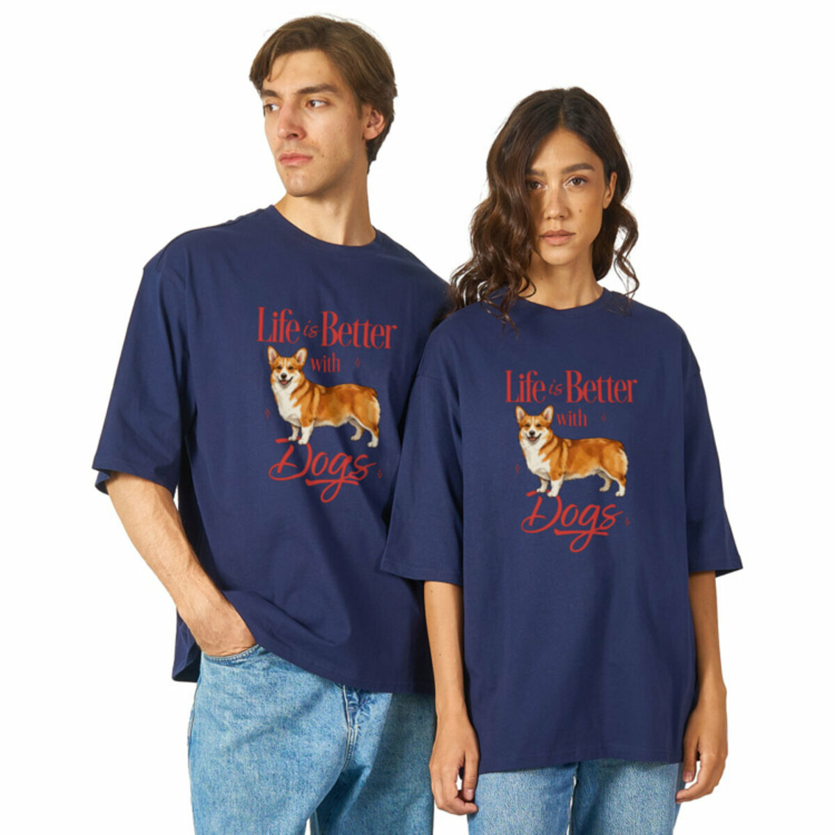 Футболка темно-синяя оверсайз «жизнь лучше с собакой корги собачник заводчик корж»