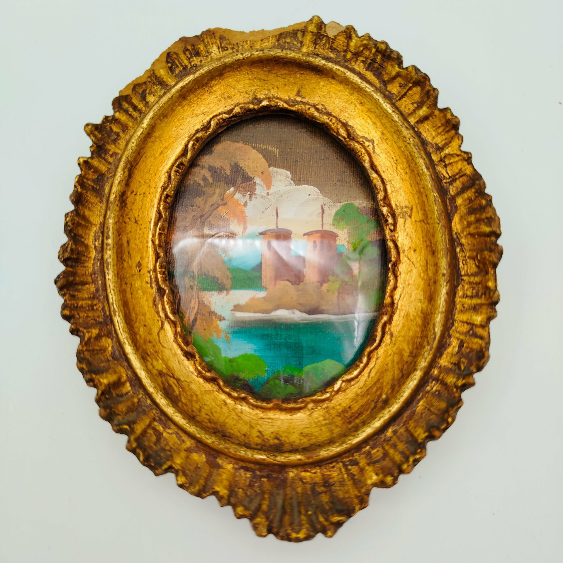 Картина (миниатюра) "Пейзаж с замком" в раме, холст на картоне, масло