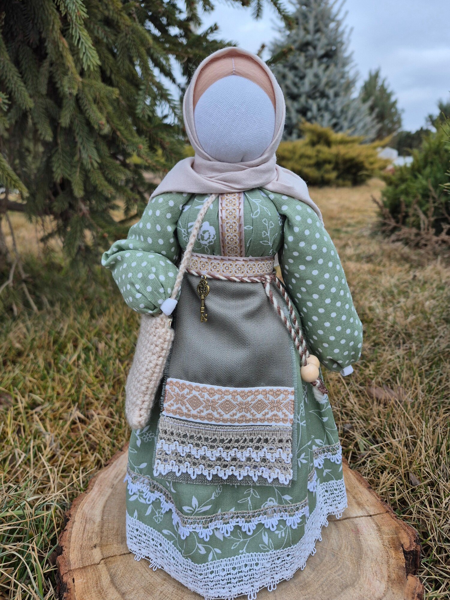 Кукла-оберег "Успешница", ручная работа, амулет, текстиль/дерево, 30см, зеленый