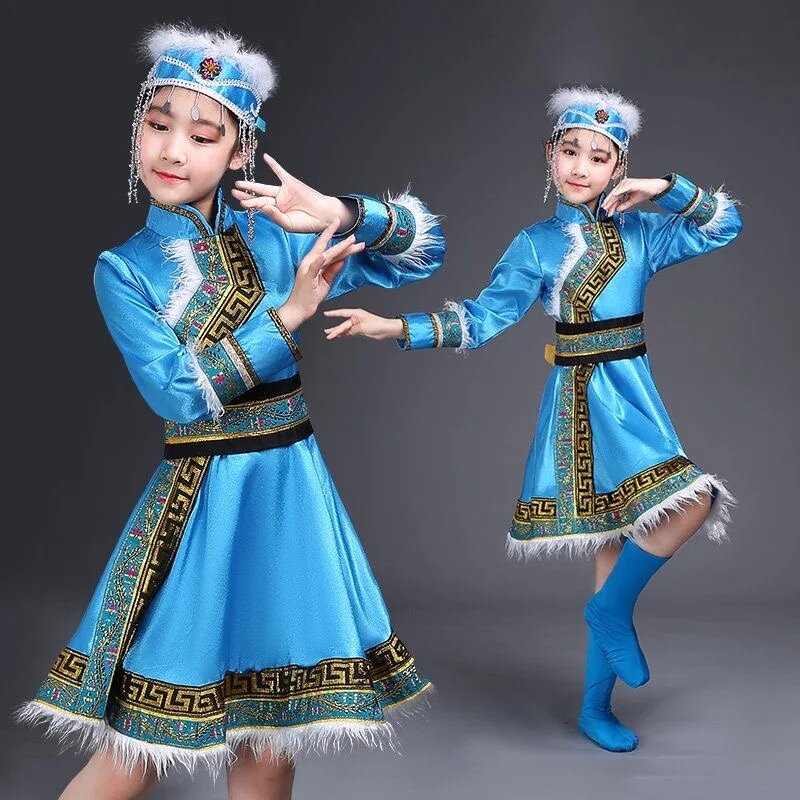 Детские монгольские танцевальные костюмы из вискозы и спандекса 150cm, Синий