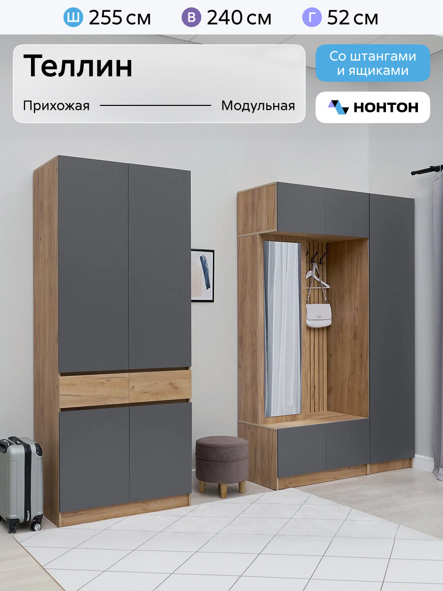 Прихожая с зеркалом Нонтон Теллин 1, 255x52x240 см, дуб крафт / графит