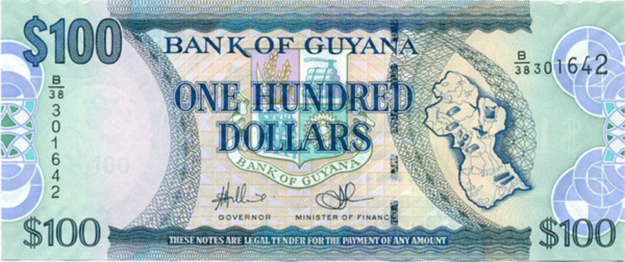 Банкнота номиналом 100 долларов Гайаны 2005-2022 годов. Состояние UNC. P-36 (32563)