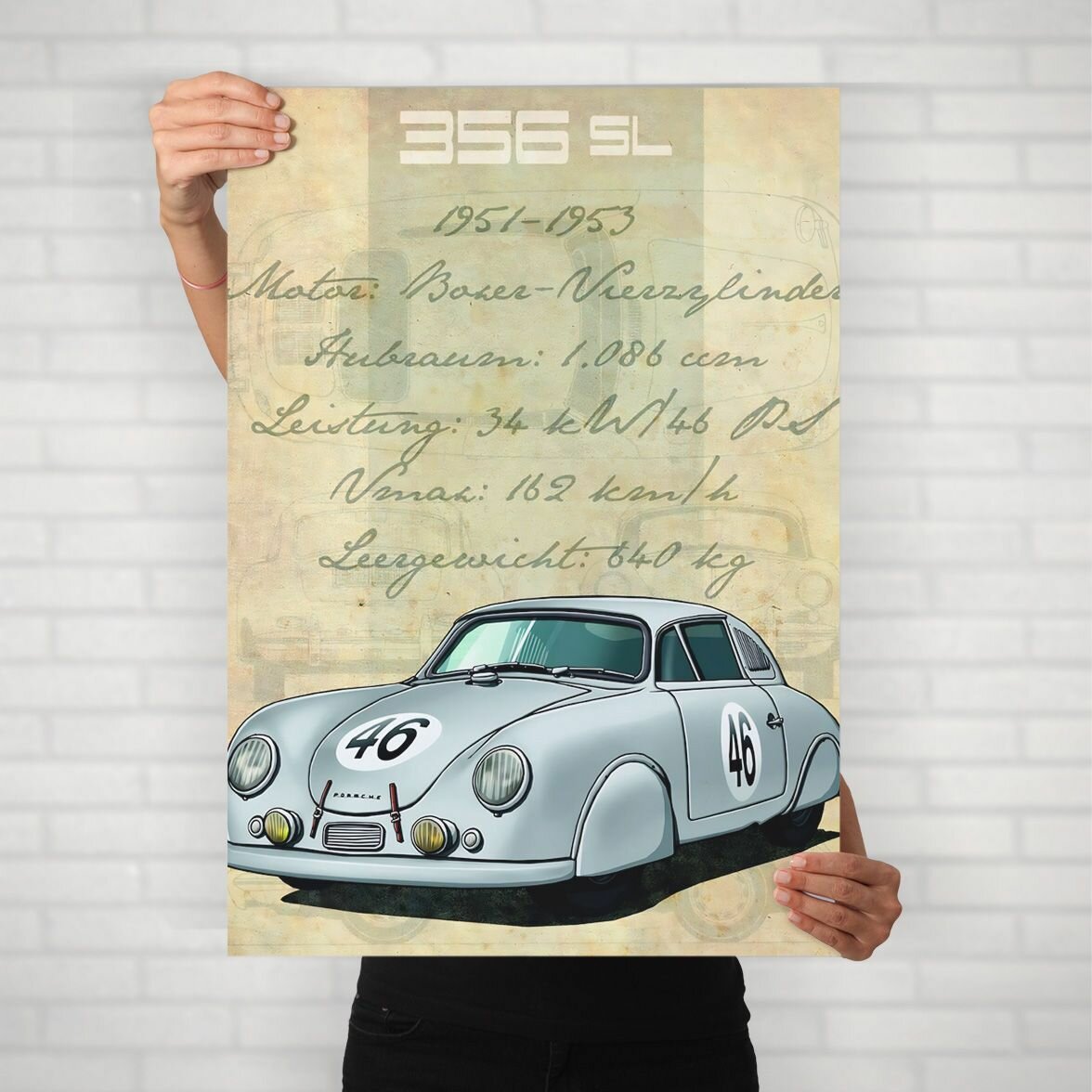 Плакат на стену для интерьера Культовые машины (Porsche 356 1) - Постер по легендарным и классическим ретро автомобилям формата А2 (42x60 см)
