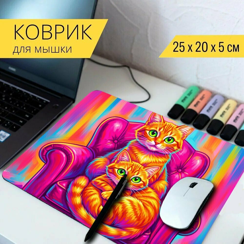 Коврик для мыши с принтом "Два рыжих кота в кресле. Яркая неоновая иллюстрация с парой полосатых кошек с зелёными глазами на розовом мягком кресле. Поп-арт, насыщенные." 25x20см.