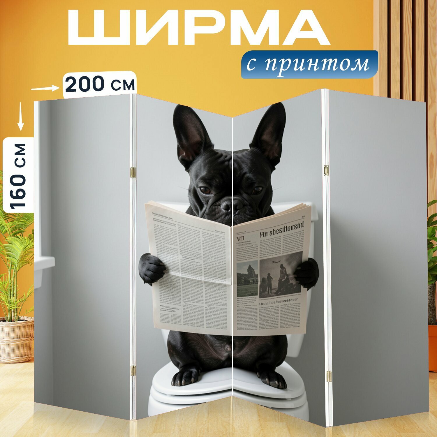 Ширма "Черный французский бульдог с газетой. Забавный пес сидит на унитазе и читает прессу в минималистичном." перегородка для зонирования комнаты с принтом 200x160 см. на холсте