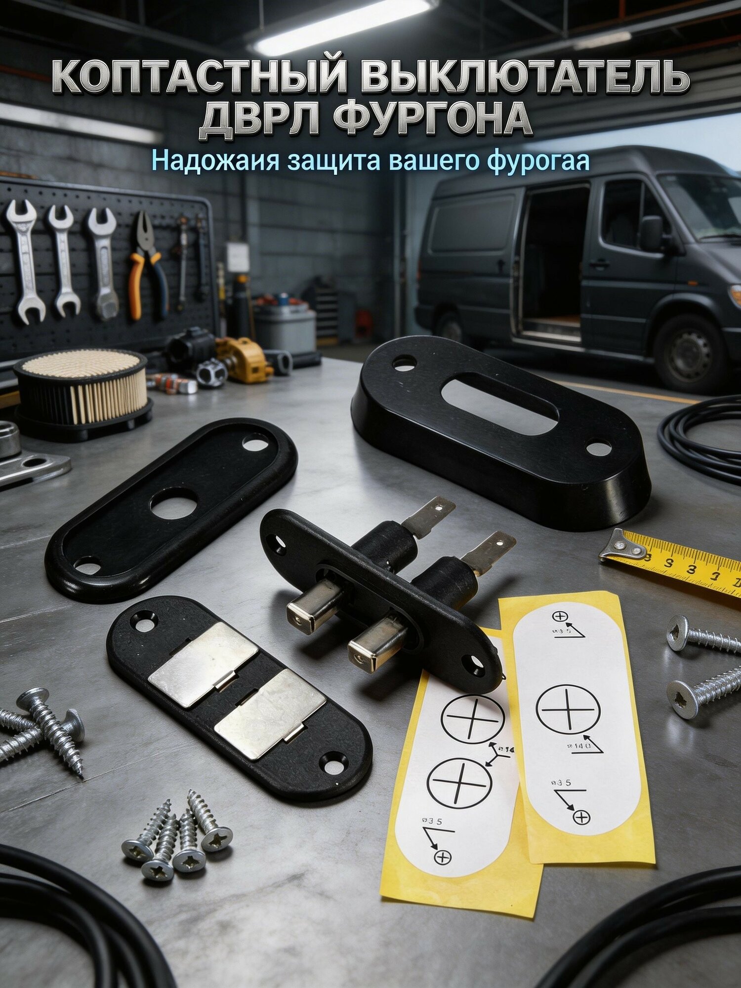 Черный контактный выключатель для раздвижной двери фургона, для центрального замка и сигнализации, монтаж в дверную раму, 12 x 10 x 1 см, в комплекте винты