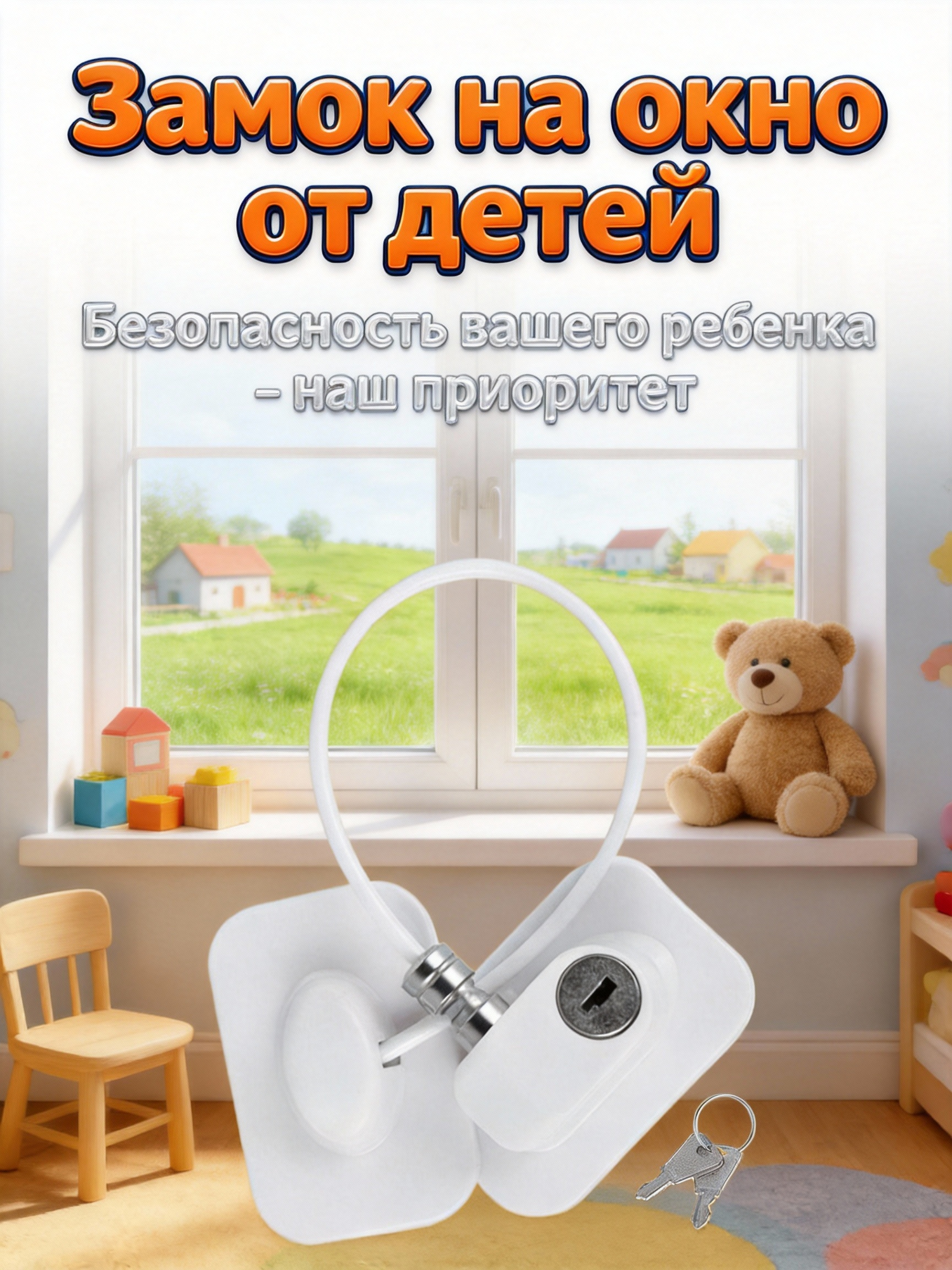 Замок на окно от детей, блокиратор с тросиком и ключом для детской безопасности и фиксации створки