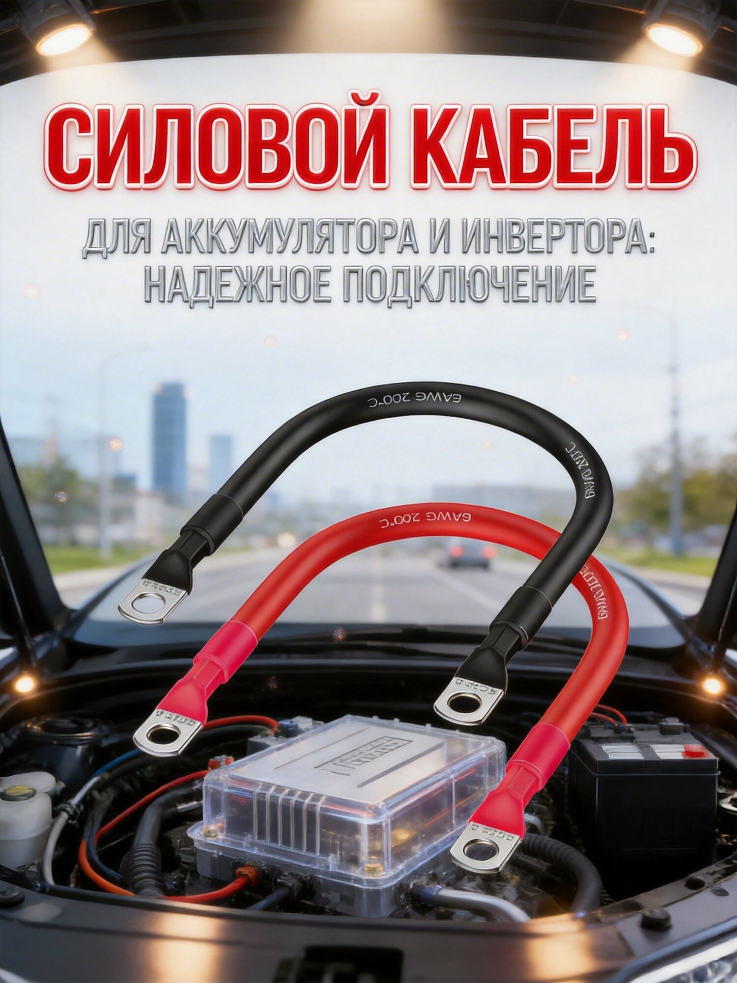 Силовой кабель от Инвертора-АКБ 30 см М8/М8, провода 6AWG для аккумулятора с усиленными клеммами 8 мм