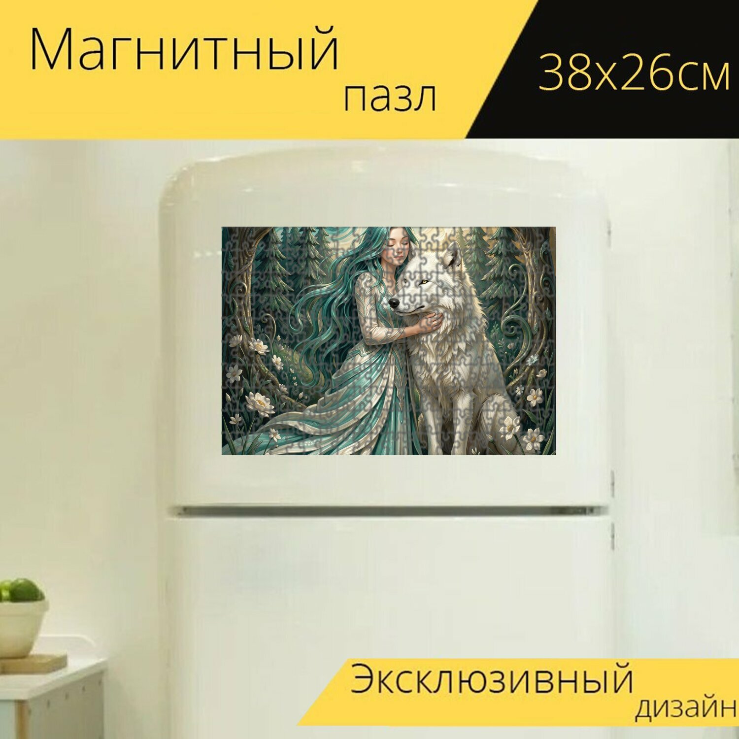 Магнитный пазл "Девушка с белым волком. Сказочная лесная нимфа обнимает крупного хищника среди елей и белых цветов. Фэнтези иллюстрация в бирюзово-кремовых." для интерьера, 38х26 см.