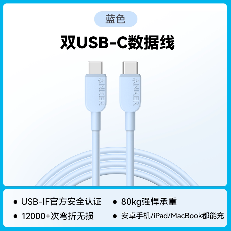 USB-C кабель для iPhone и iPad, 1.8 м, синий, одиночный комплект, быстрая зарядка PD с брендом Anker