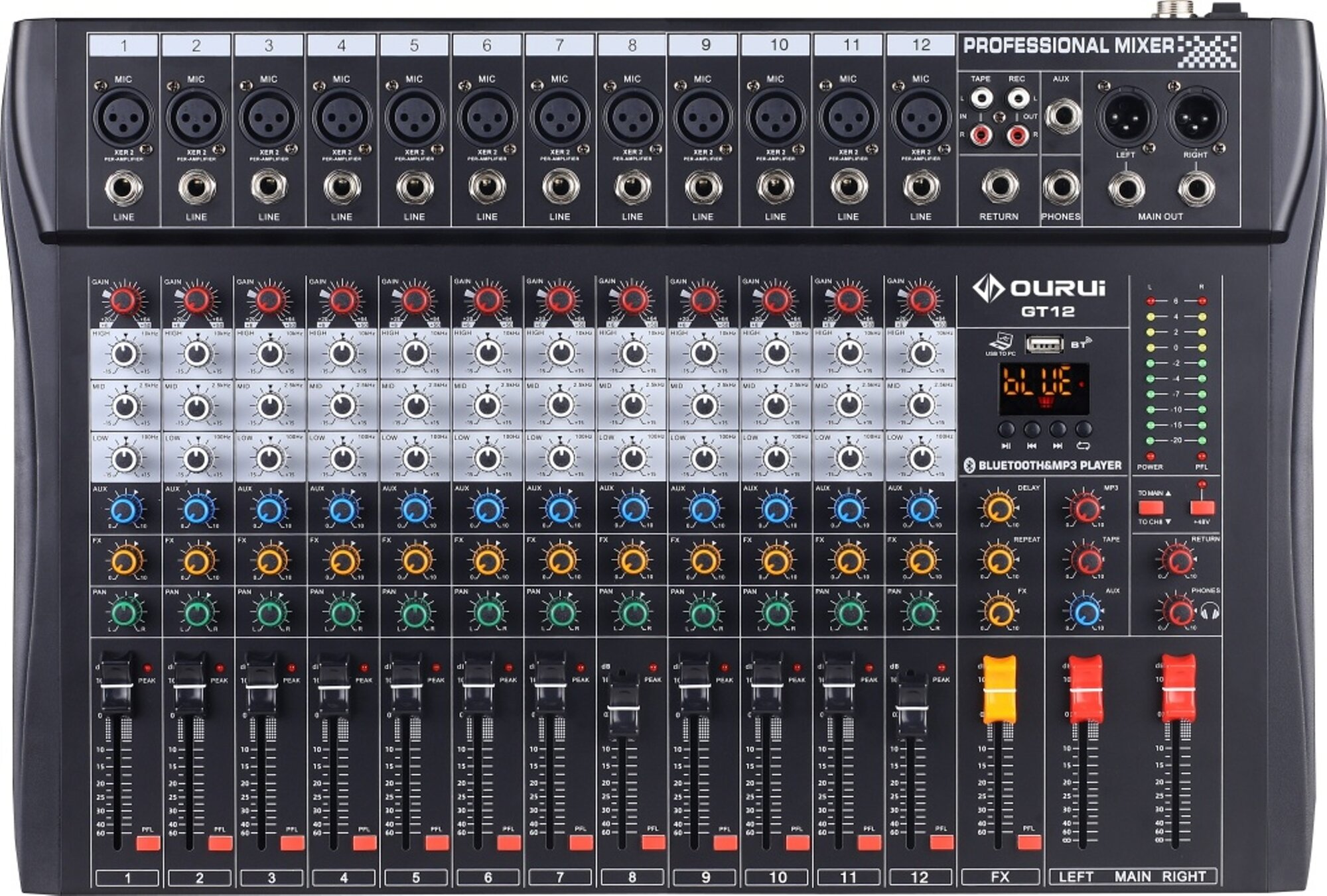 GT-12 Микшерный пульт, 12 каналов, серия PRO, проигрыватель MP3, Bluetooth подключение, LAudio