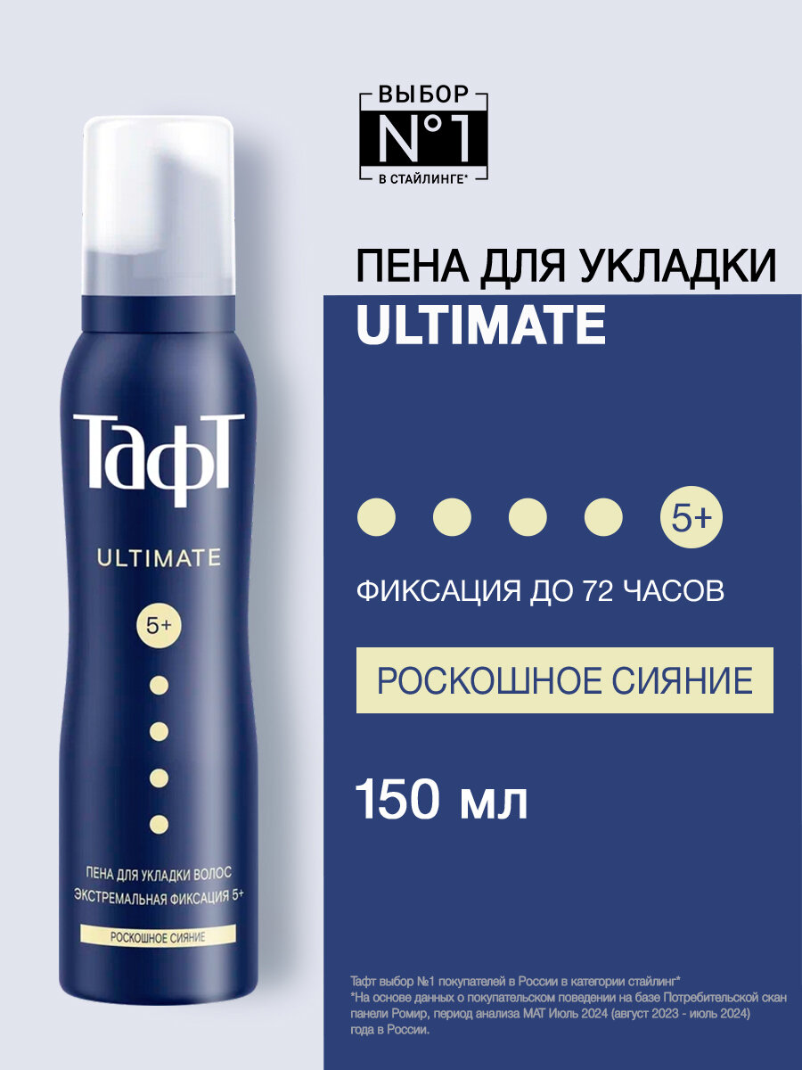 Тафт Пена для укладки волос Ultimate, роскошное сияние, экстремальная мегафиксация 5+, 150 мл