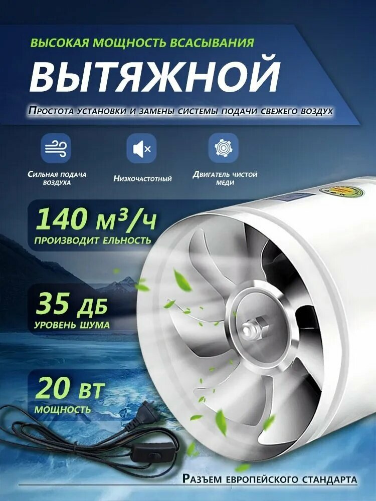 Вентилятор канальный 100мм 140м3/ч металлический (настенный, вытяжной, канальный)