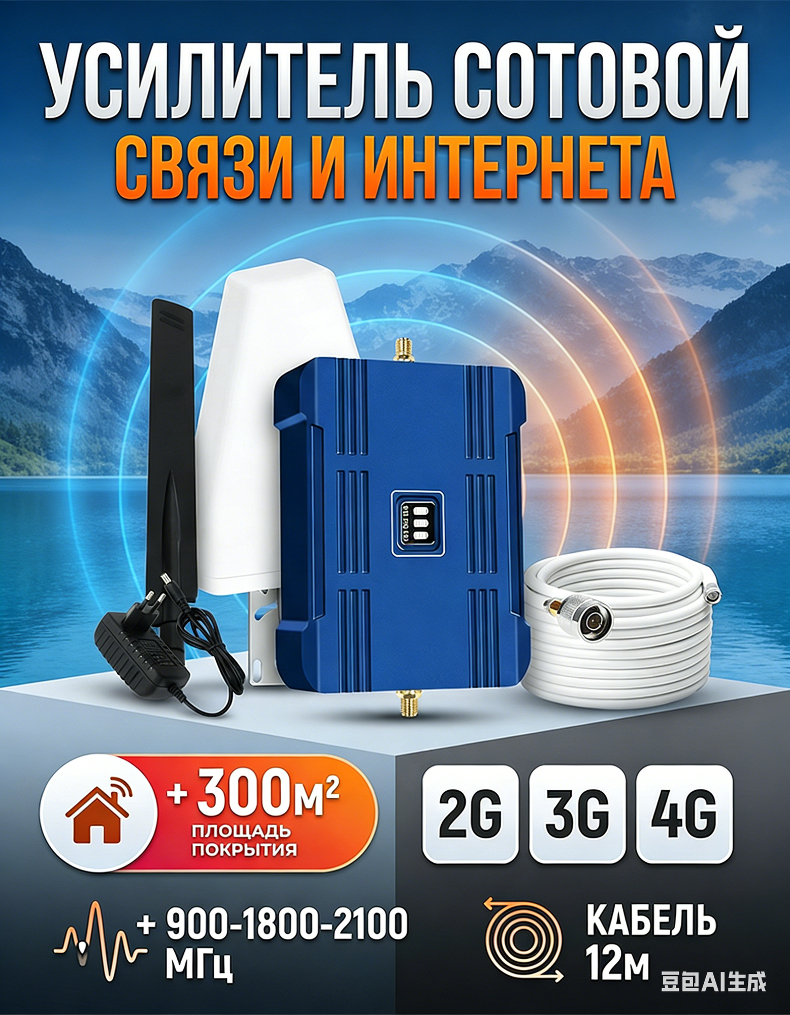 Усилитель сотовой связи 900/1800/2100 МГц (2G/3G/4G): до 70 км, направленный, синий, 1.3 кг