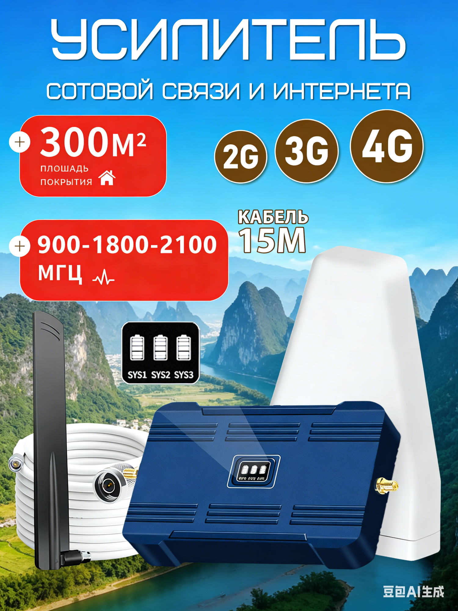 Усилитель сотовой связи 900/1800/2100 МГц (2G/3G/4G): до 70 км, направленный, синий, 1.3 кг