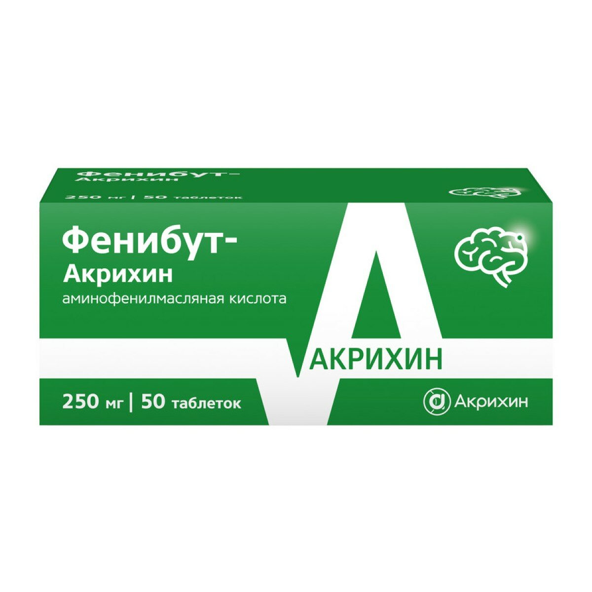 Фенибут-Акрихин, таблетки 250 мг, 50 шт, аминофенилмасляная кислота