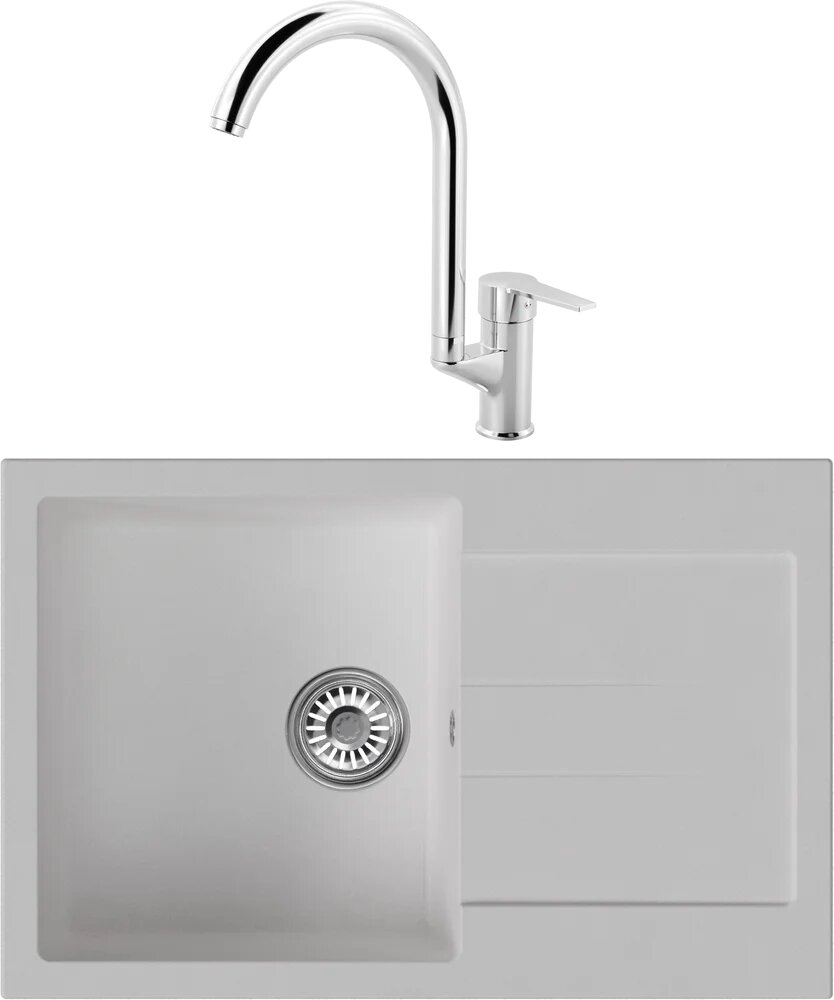 Комплект Мойка Mixline ML-GM31 77x50, ультра-белая, искусственный мрамор / Смеситель MEGA Snow MG-SH03 глянцевый хром, хром