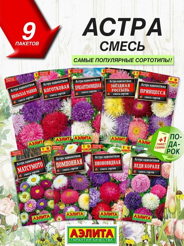 Набор семян цветов Астра смесь 9 видов