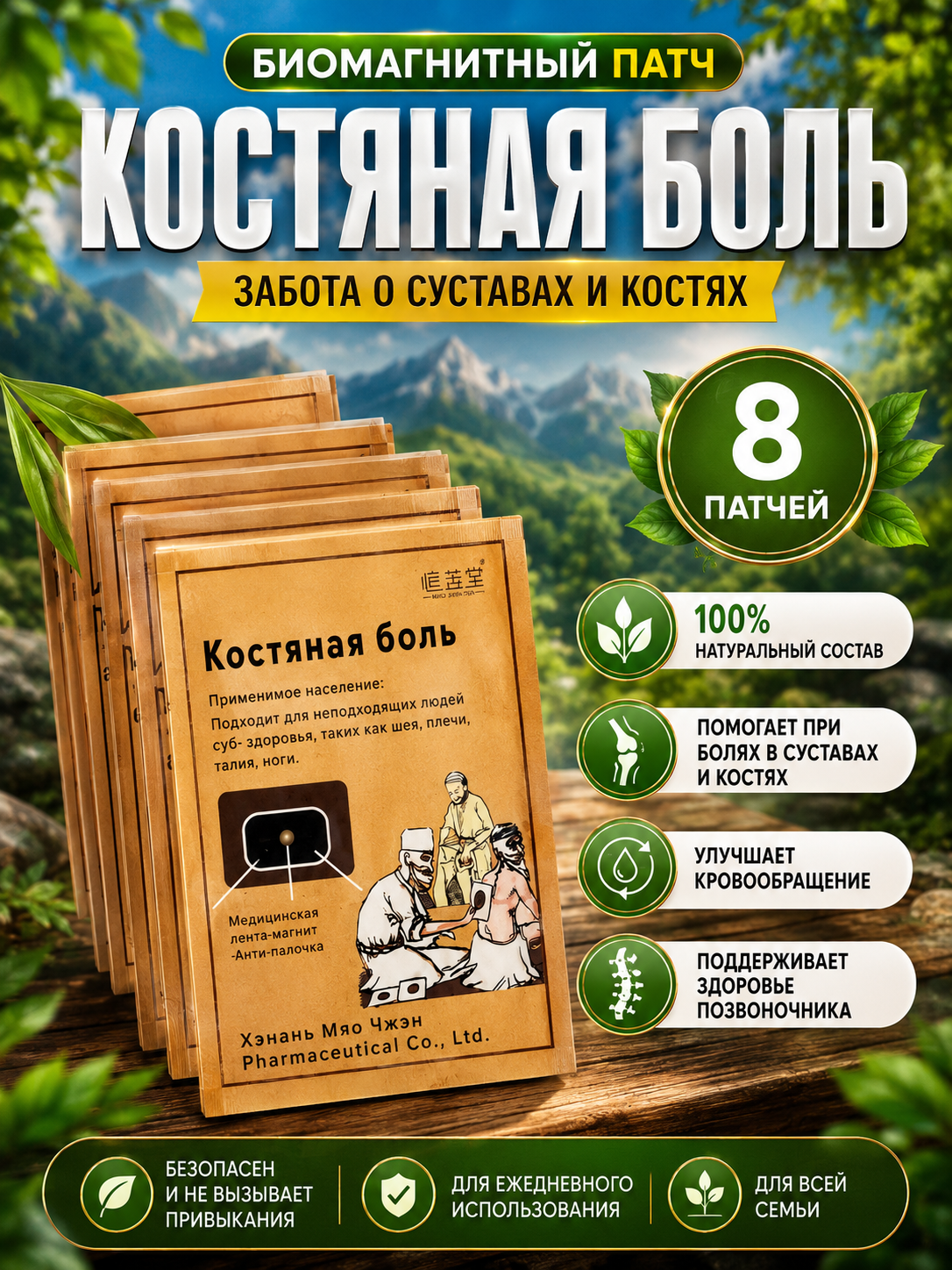 Патч "Костяная Боль", для здоровья костей, для обезболивания, бежевый, 8 шт