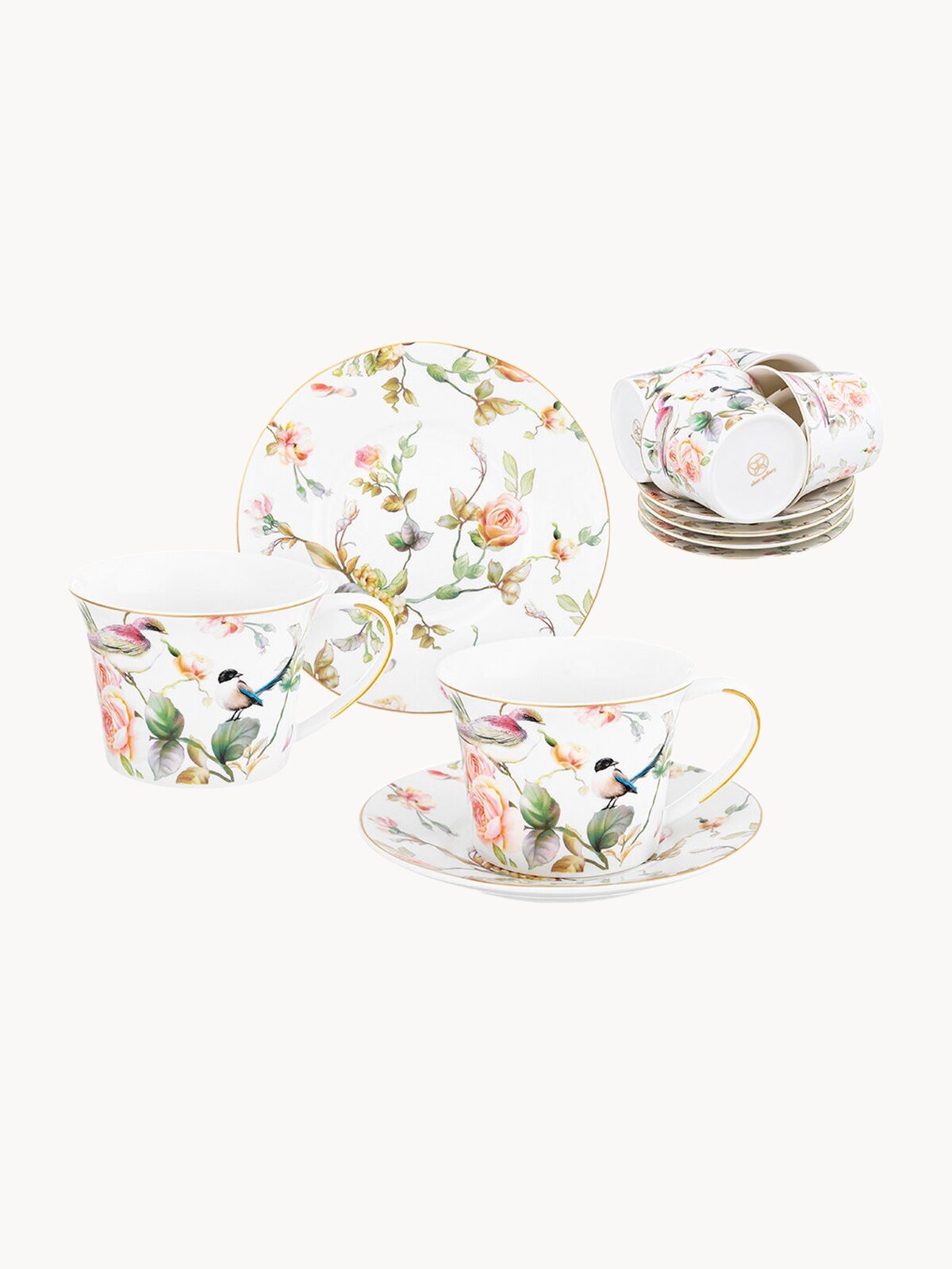 Чайный набор Elan Gallery "Певчие птички" 12 предметов, 270 мл, фарфор, подарочная упаковка