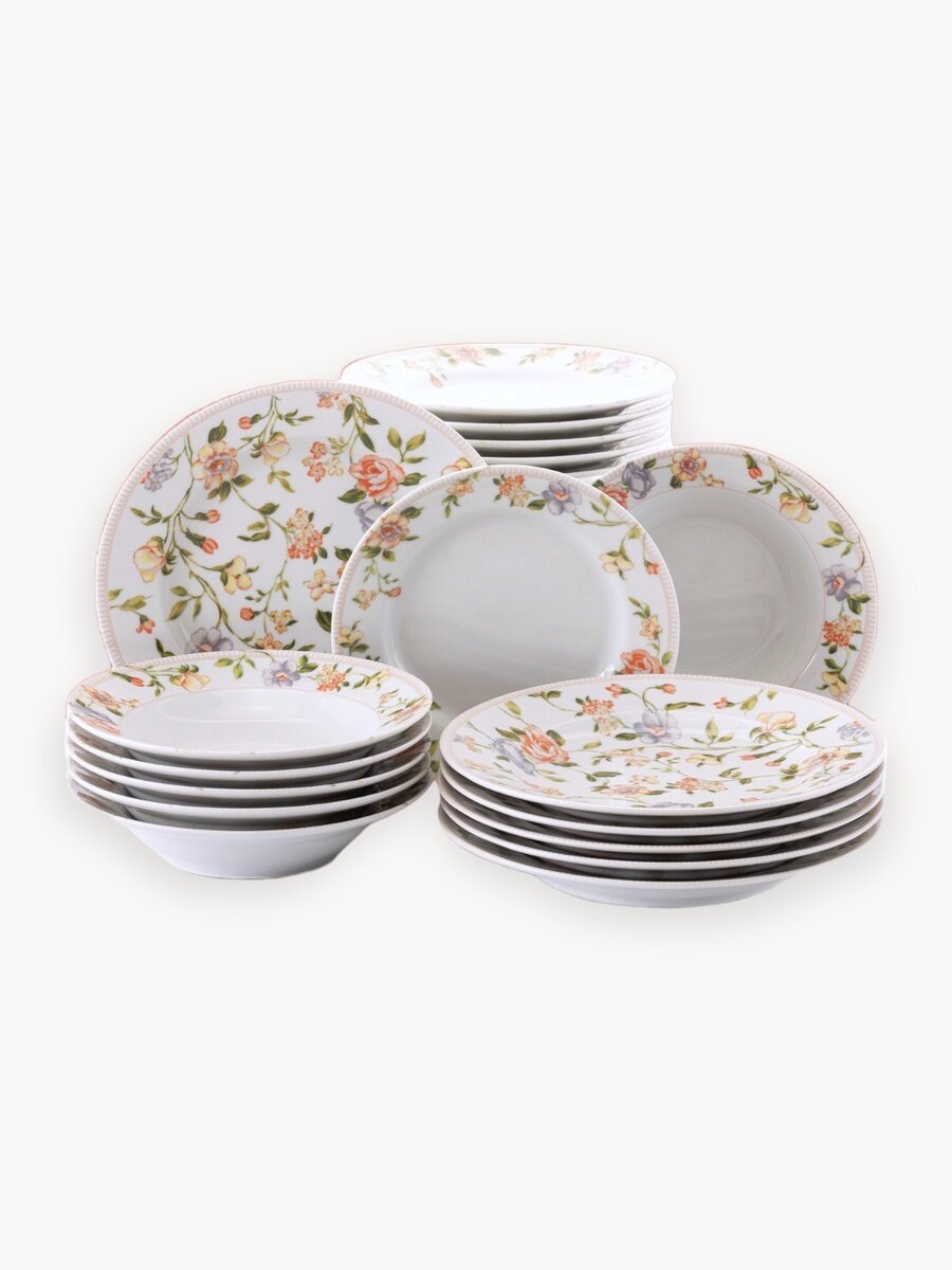Набор посуды столовой на 6 персон, 18 предметов "Цветущий сад", сервиз обеденный фарфоровый