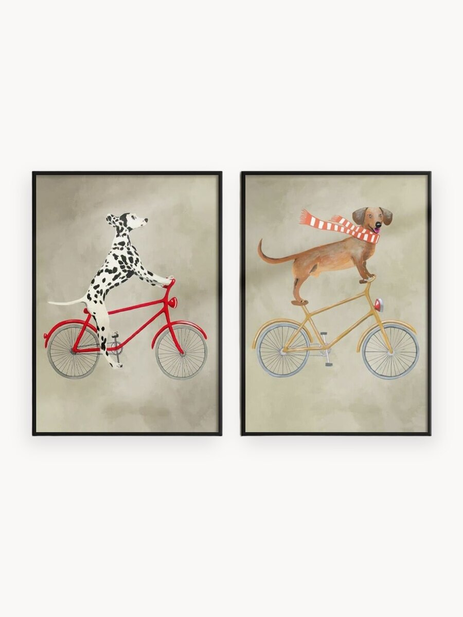 Постер 2 шт 30х40 без рамки "Собаки на велосипедах" набор картин для интерьера