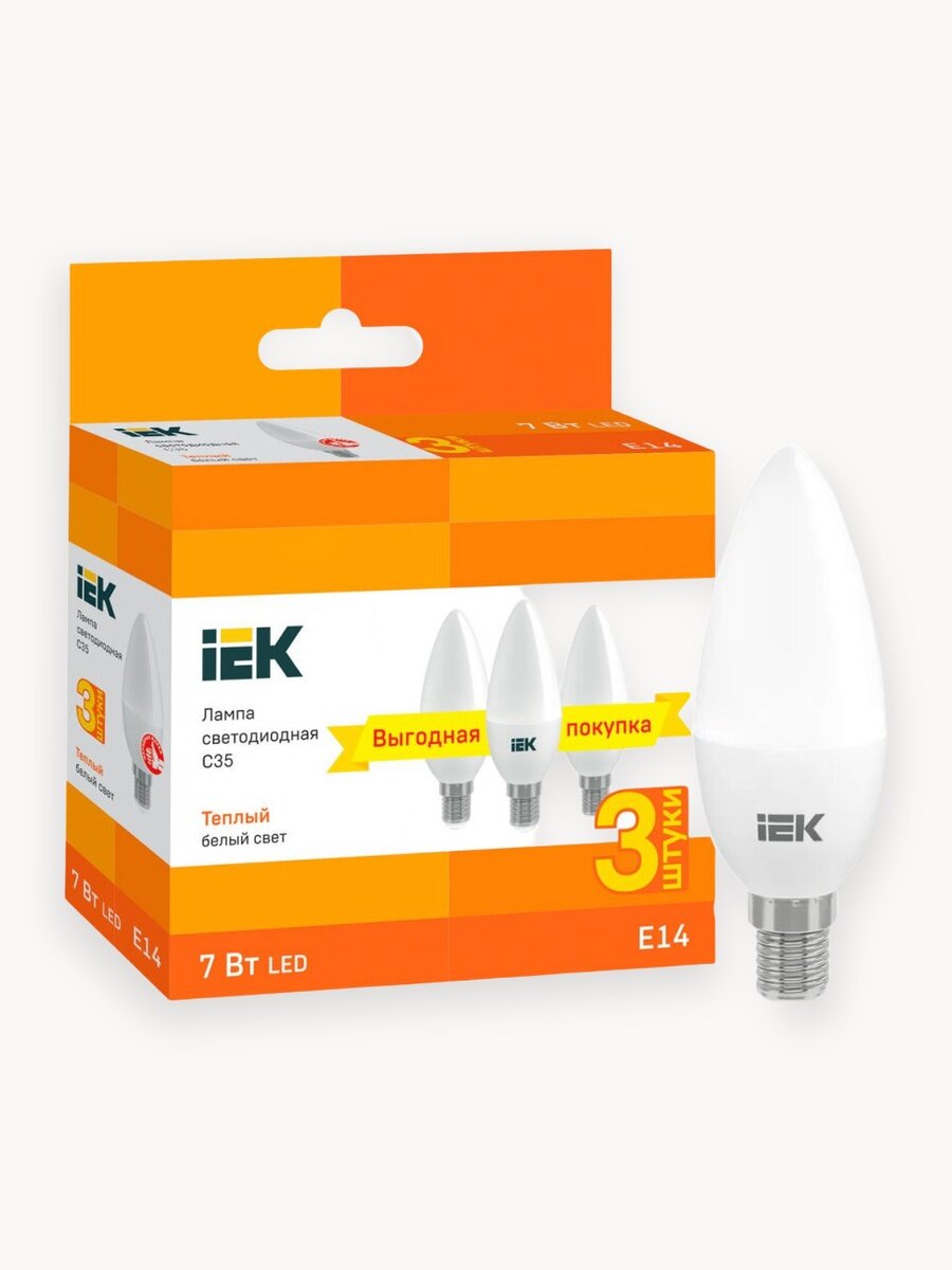 Лампочка светодиодная IEK 7Вт, 3000К, цоколь E14, C35, 230В, теплый белый свет, свеча (3 упаковки по 3 шт.)