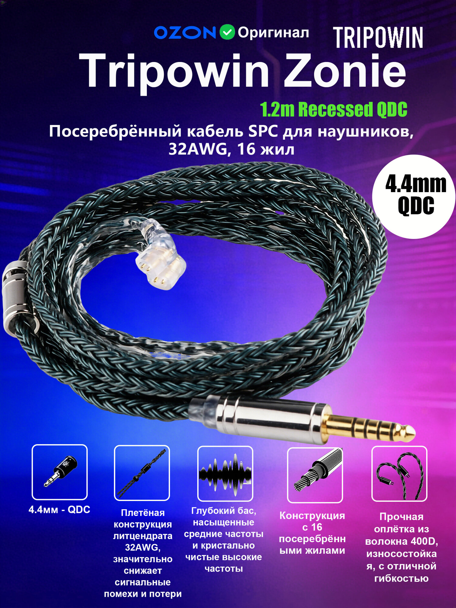 TRIPOWIN Аудиокабель, 1.2 м, темно-зеленый, хаки