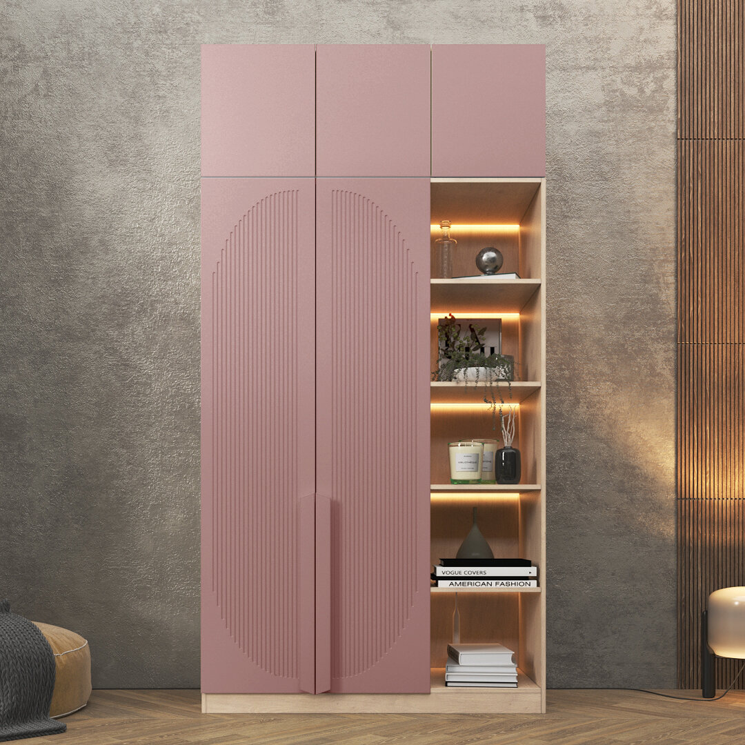 Шкаф Агератум МДФ двухсекционный с антресолью и стеллажом Лайн бохо (0,27) А10017 матовая - Дуб Сонома 3025 NEW 150*45*240 см Фиеста