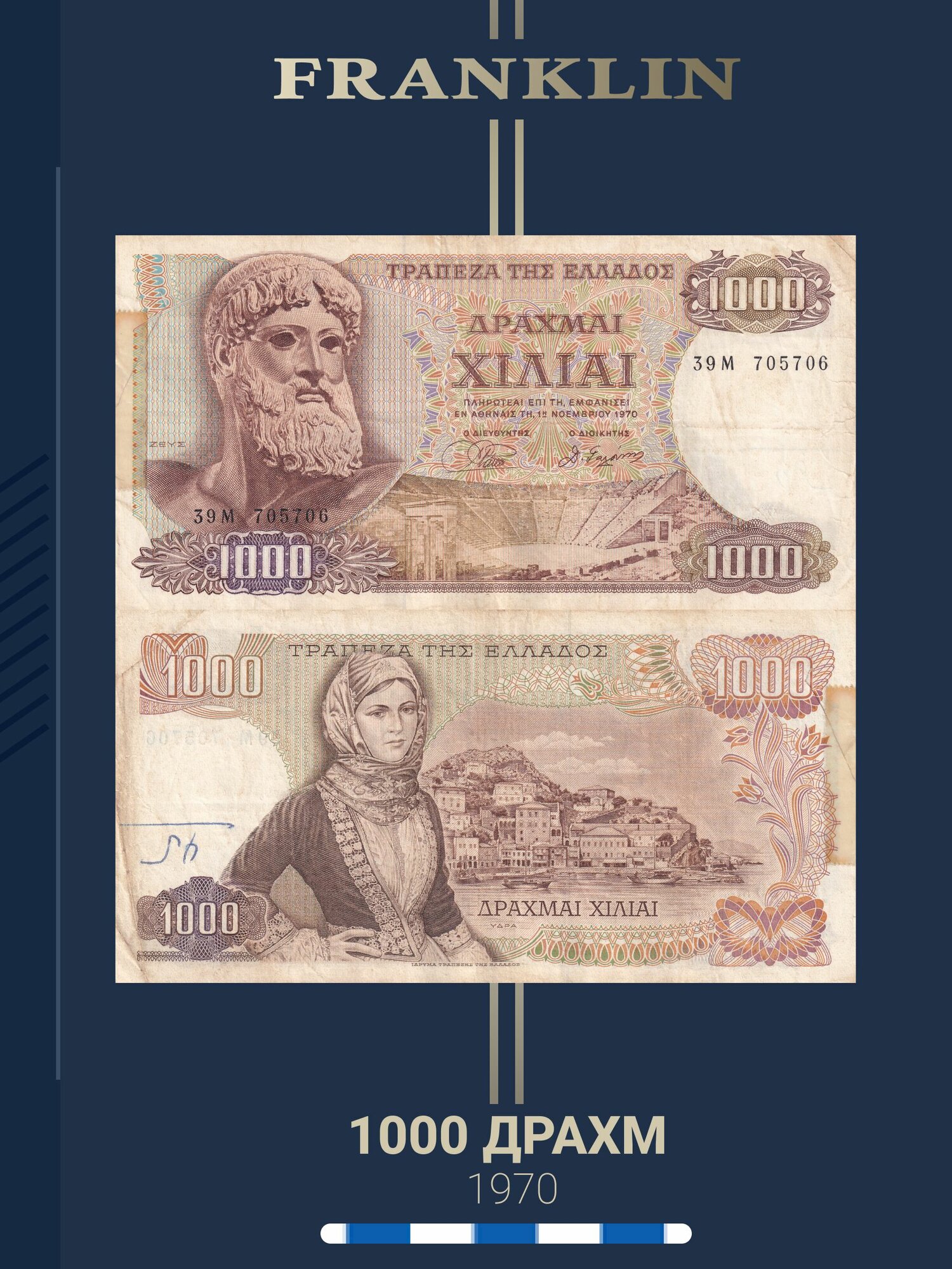 Банкнота Греция 1000 драхм 1970 год (F) Pick 198