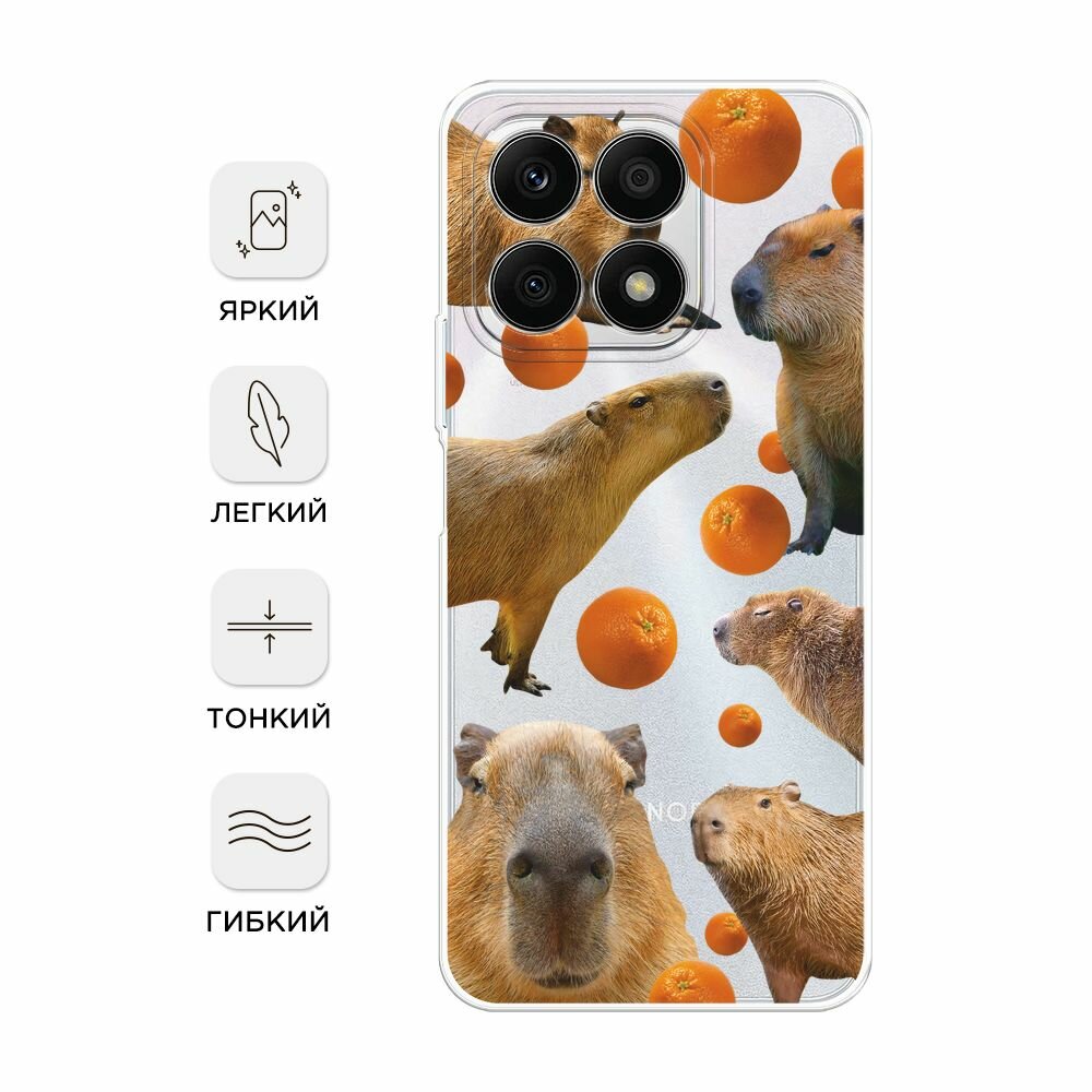 Чехол на Honor X8A / Хонор X8A с принтом "Капибара и апельсины", прозрачный — фото 1
