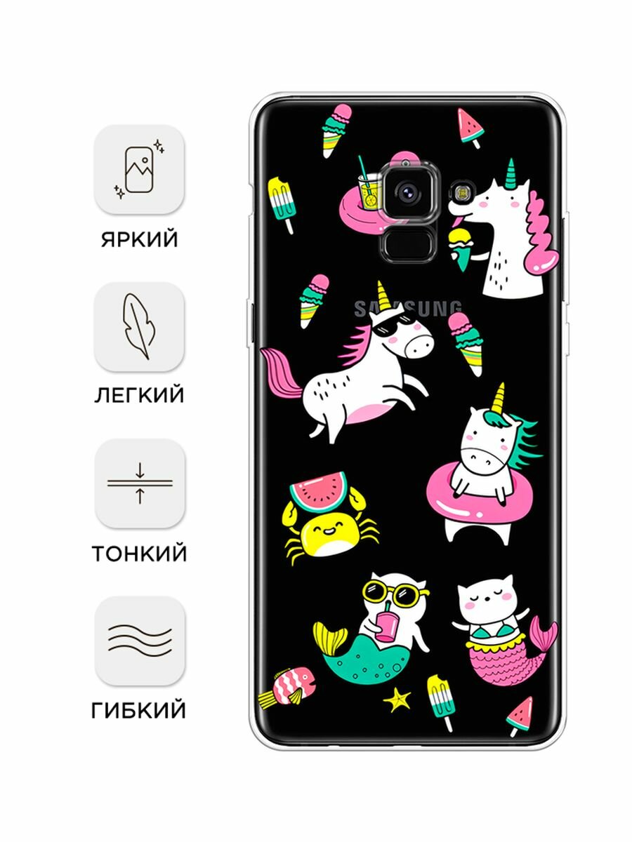 Чехол на Samsung Galaxy A8 + / Самсунг Галакси А8 Плюс 2018 с принтом "Единороги в отпуске", прозрачный — фото 1