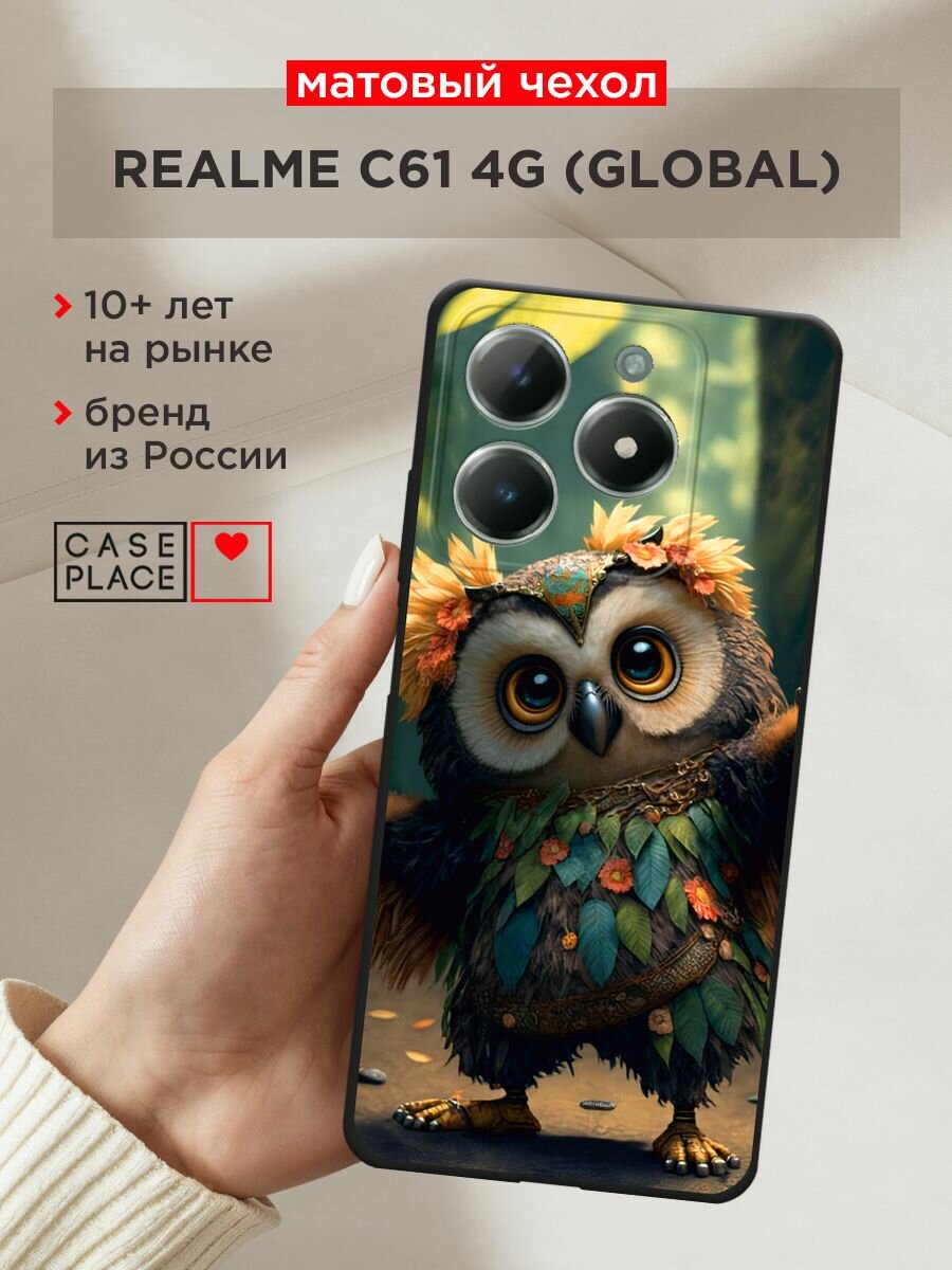 Черный матовый чехол на Realme C61 4G (Global) / Реалми C61 4G с принтом "Тропическая сова"