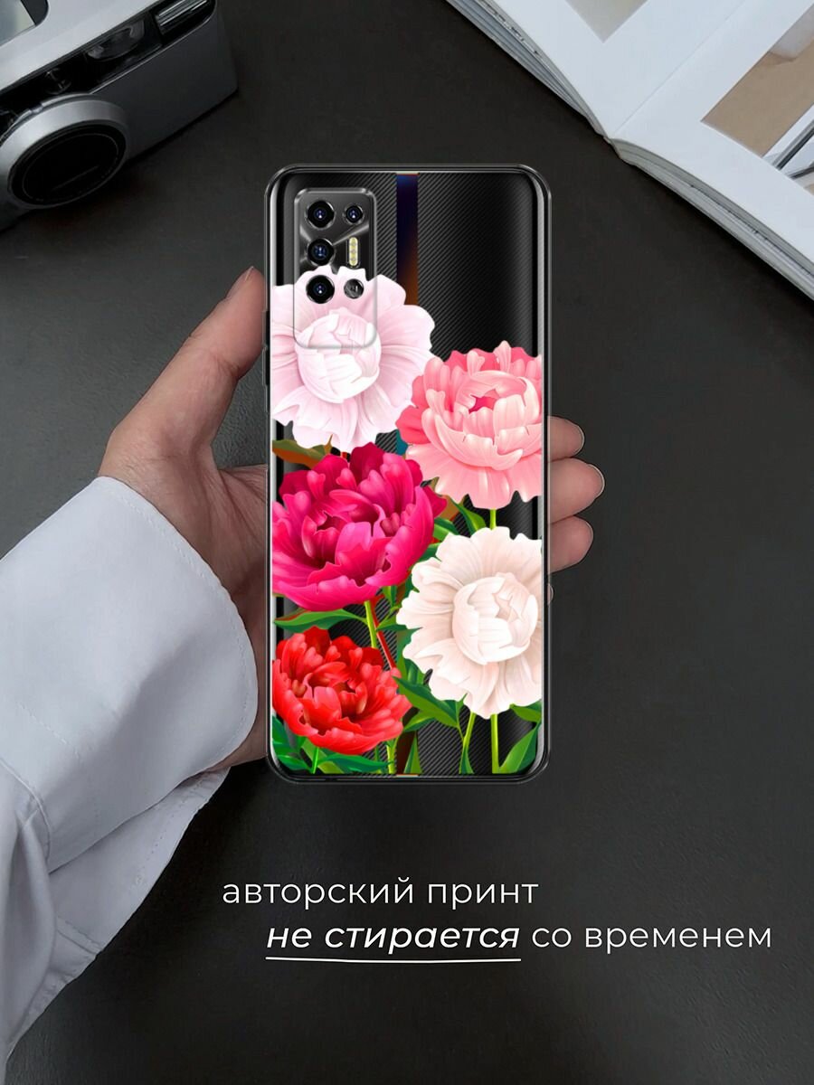 Чехол на Tecno Pova 2 / Текно Пова 2 с принтом "Большие пионы", прозрачный — фото 1