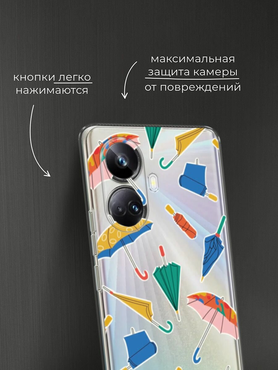 Чехол на Realme 10 Pro+ / Реалми 10 Про+ с принтом "Зонты паттерн", прозрачный — фото 1