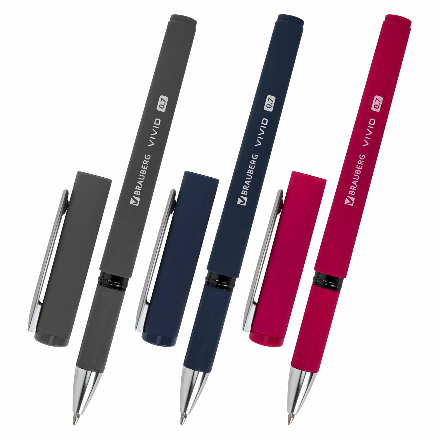Ручки шариковые Brauberg с грипом "Vivid", набор 3 шт, синие, Soft Touch покрытие, узел 0,7 мм, линия письма 0,35 мм