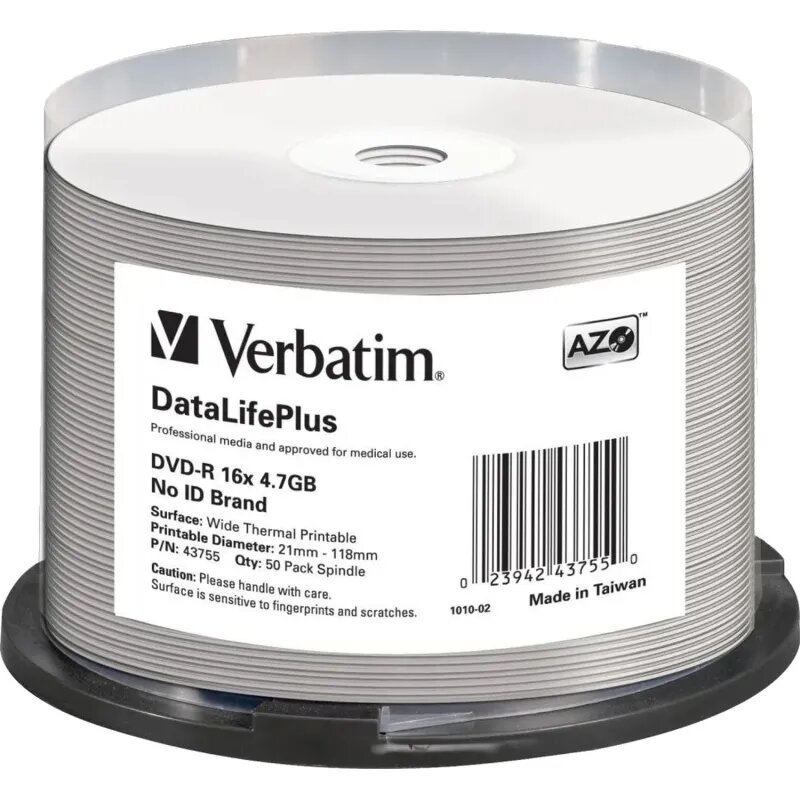Носители информации Verbatim DVD-R, 4,7 Gb, 16х, Cake, Printable, 120 мм