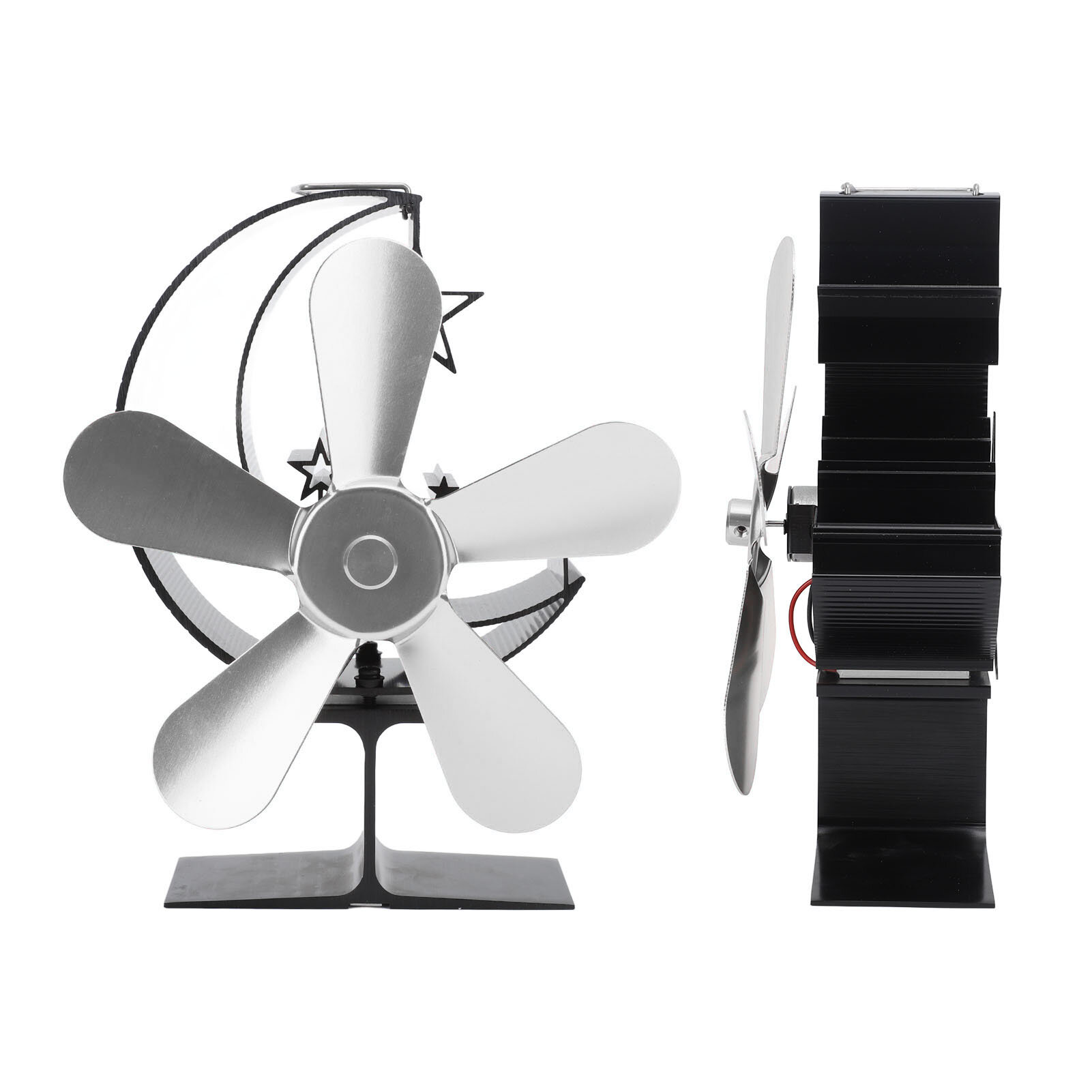 Вентилятор для дровяной печи с электроприводом, 5 лопастей, вентилятор для камина с теплоизоляционной панелью, термометр для дровяной печи, подледная рыбалка, кемпинг, лунный стиль, серебро