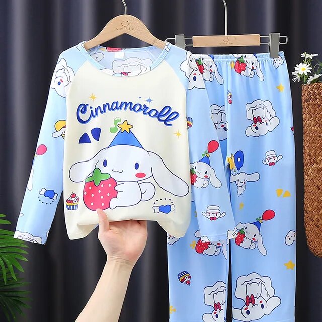 Милый детский пижамный костюм Sanrio Cinnamoroll Hello Kitty, одежда для сна Kuromi Melody для девочек и мальчиков, осенний домашний костюм с длинными рукавами, подарки, Размер: 16 (135-145 см)