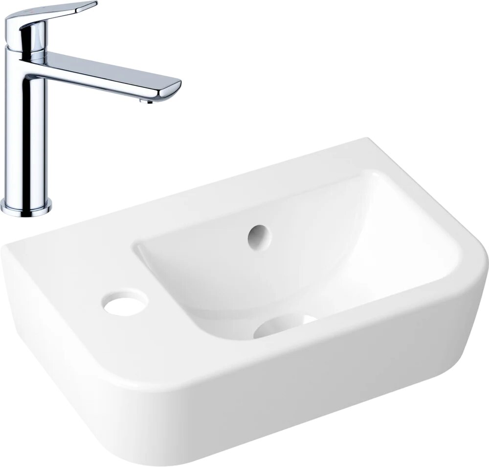 Комплект 2 в 1 Раковина маленькая Lavinia Boho One 33310001L 37 глянцевая белая / Смеситель Wellsee ONCE! and forever 182401000, хром