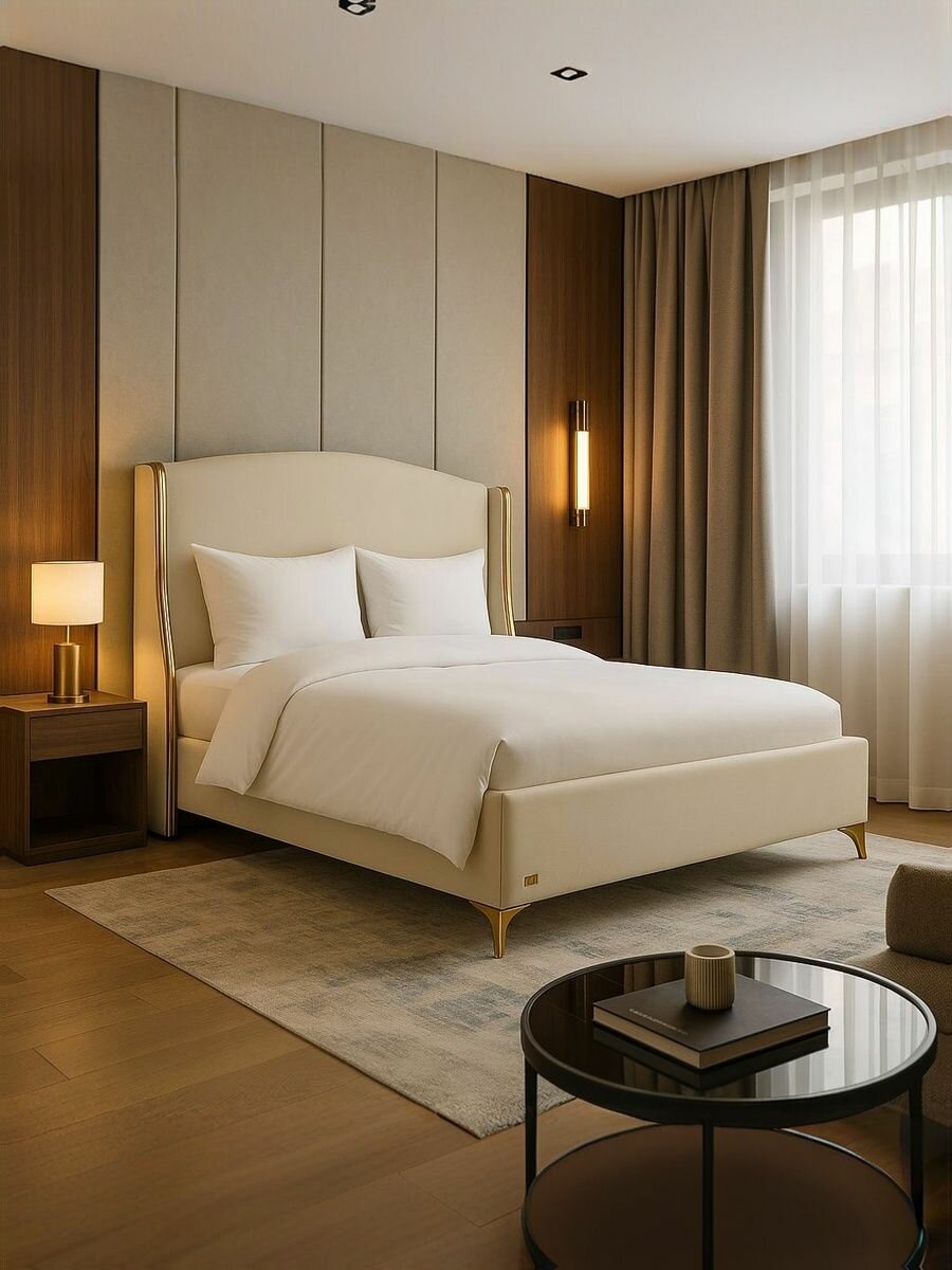 Двуспальная кровать NOTTE Joyce с мягким изголовьем, 180х200 см, неоклассика, натуральный велюр, светло-бежевый, молдинг золото глянец