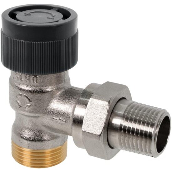 Вентиль Oventrop AR, термостатический, без преднастройки, угловой, DN-15, 3/4", 1/2", Н ЕК-Н, латунь никелированная, НГ со штуцером, черный колпачок