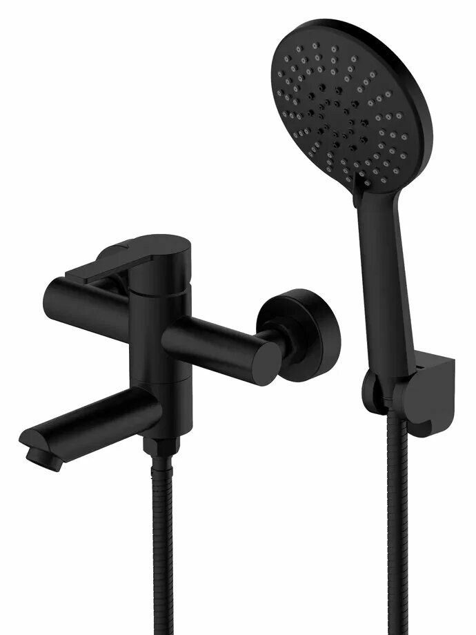 Смеситель для ванны с душем Agger Easy A3121244 с душевым гарнитуром, настенный, однорычажный, с поворотным изливом, черный, матовый, из нержавеющей стали, с керамическим картриджем