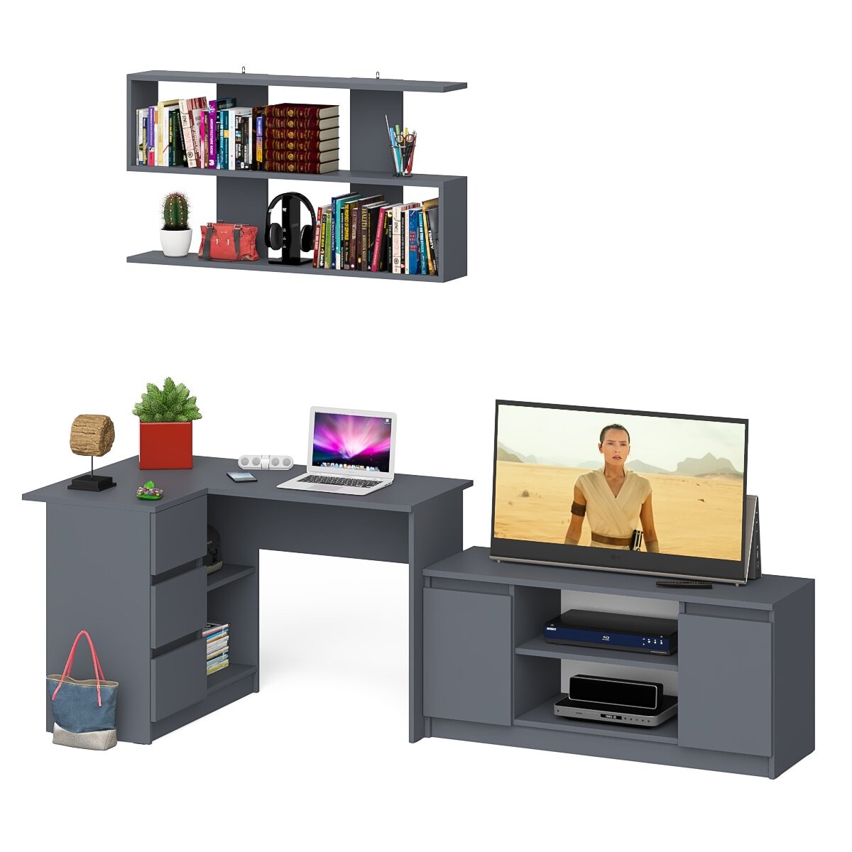 Угловой стол компьютерный Мори МС-16 левый с тумбой под ТВ и полкой для книг, графит, 244,8х84,9х209,6 см.