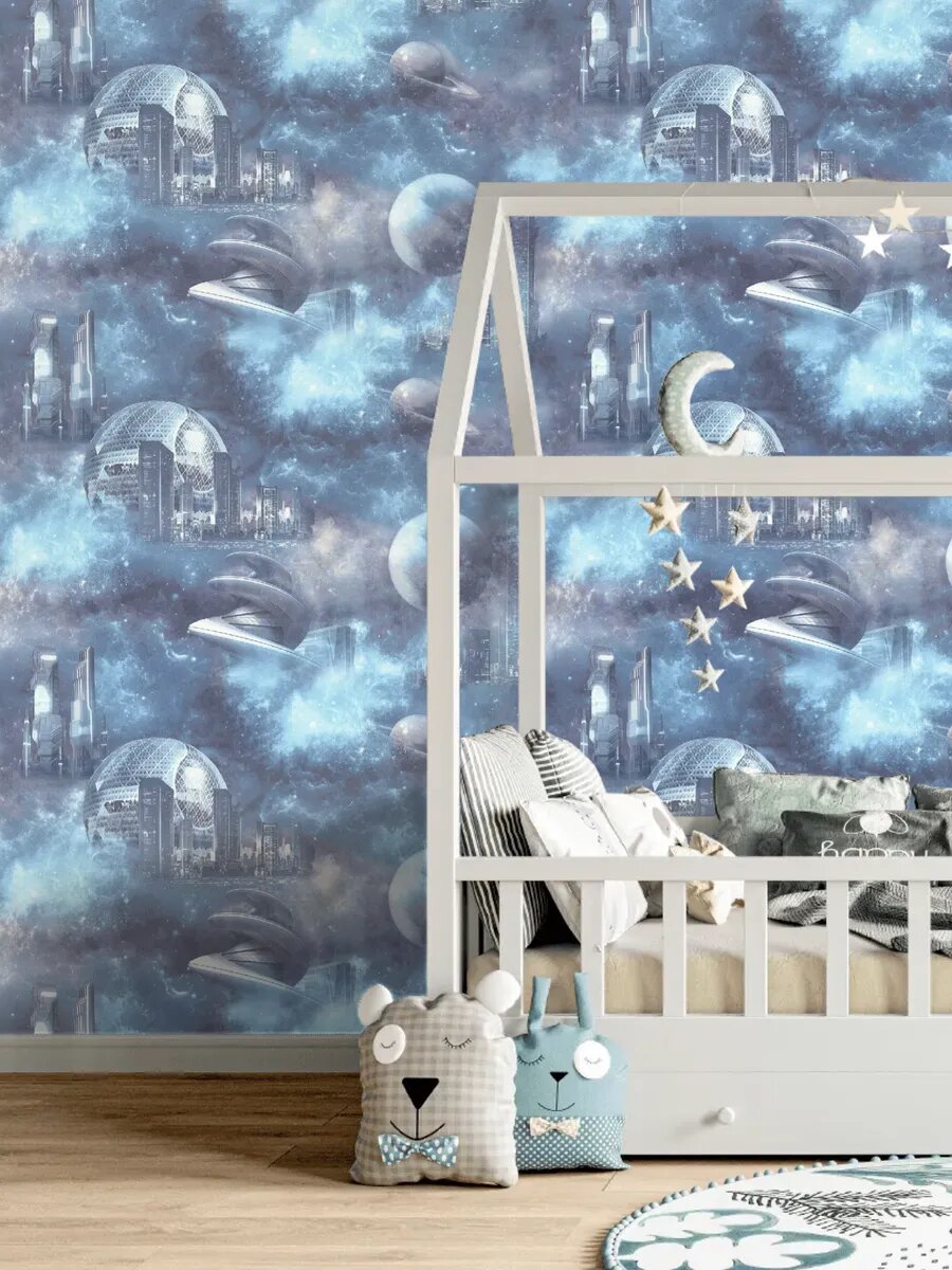 Обои флизелиновые "Космический город", светящиеся, виниловое покрытие, 10 м