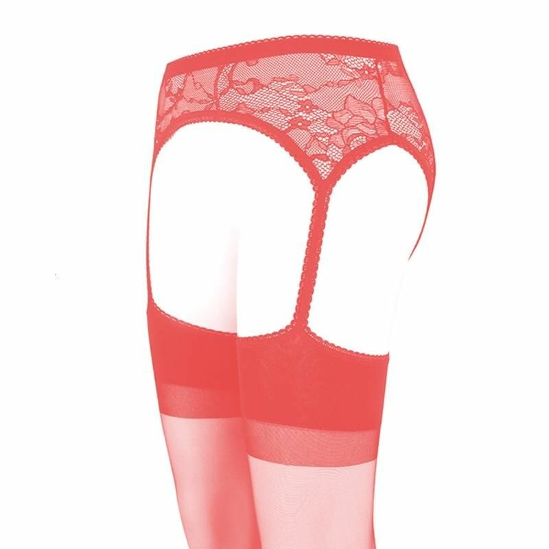 Сексуальные кружевные чулки-слинг из цельного материала с открытой промежностью четырьмя сторонами, прозрачные чулки на голые ноги-красный