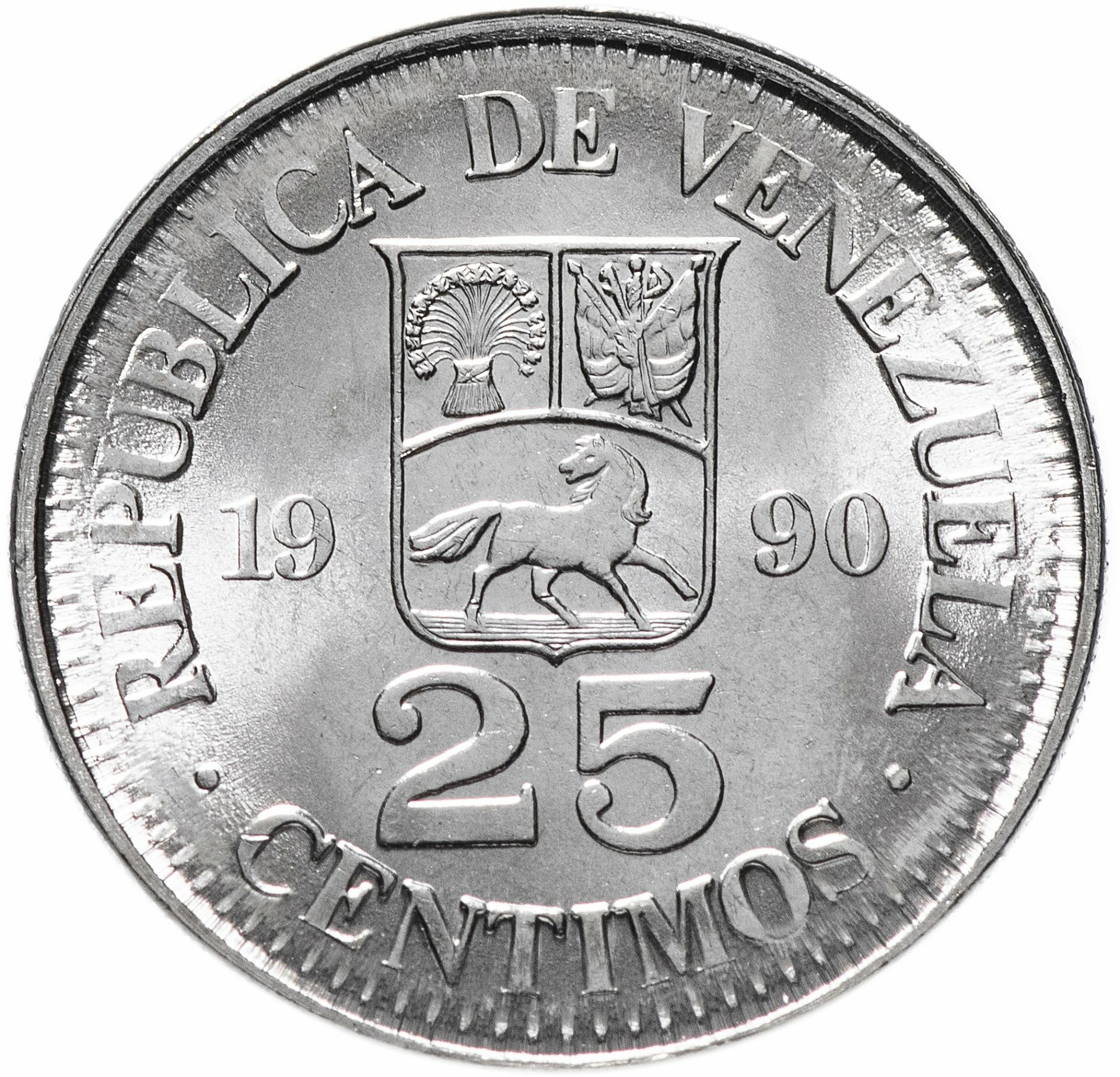 Венесуэла 25 сентимо centimos 1990, Сталь, в сохранности UNC