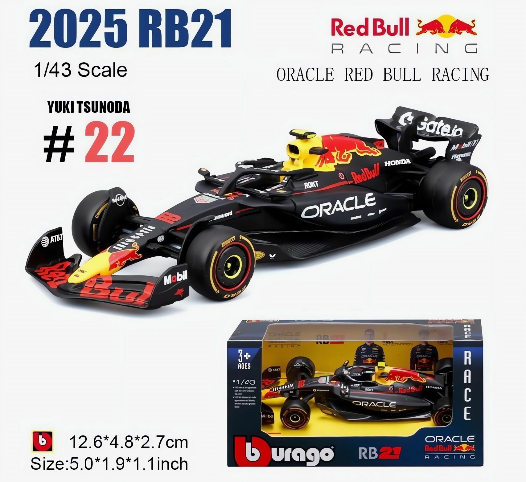 Коллекционная модель гоночного болида Формула-1. Масштаб 1/43. "Bburago". "Red Bull" RB21 (№22 Юки Цунода) Сезон 2025 года.