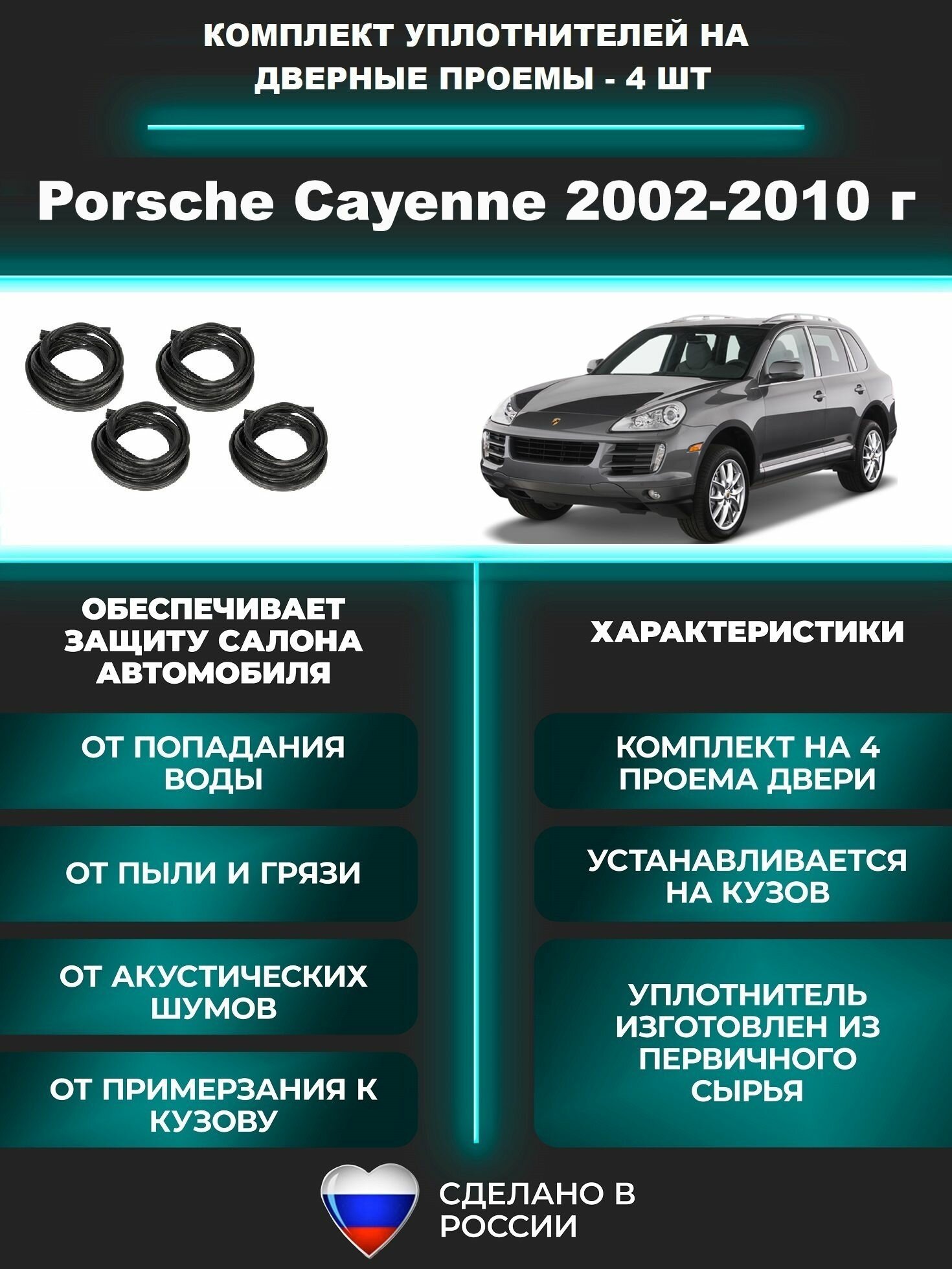 Комплект уплотнителей на проем дверей для Porsche Cayenne I 2002-2010 г, Порше Кайен 1, 4 шт