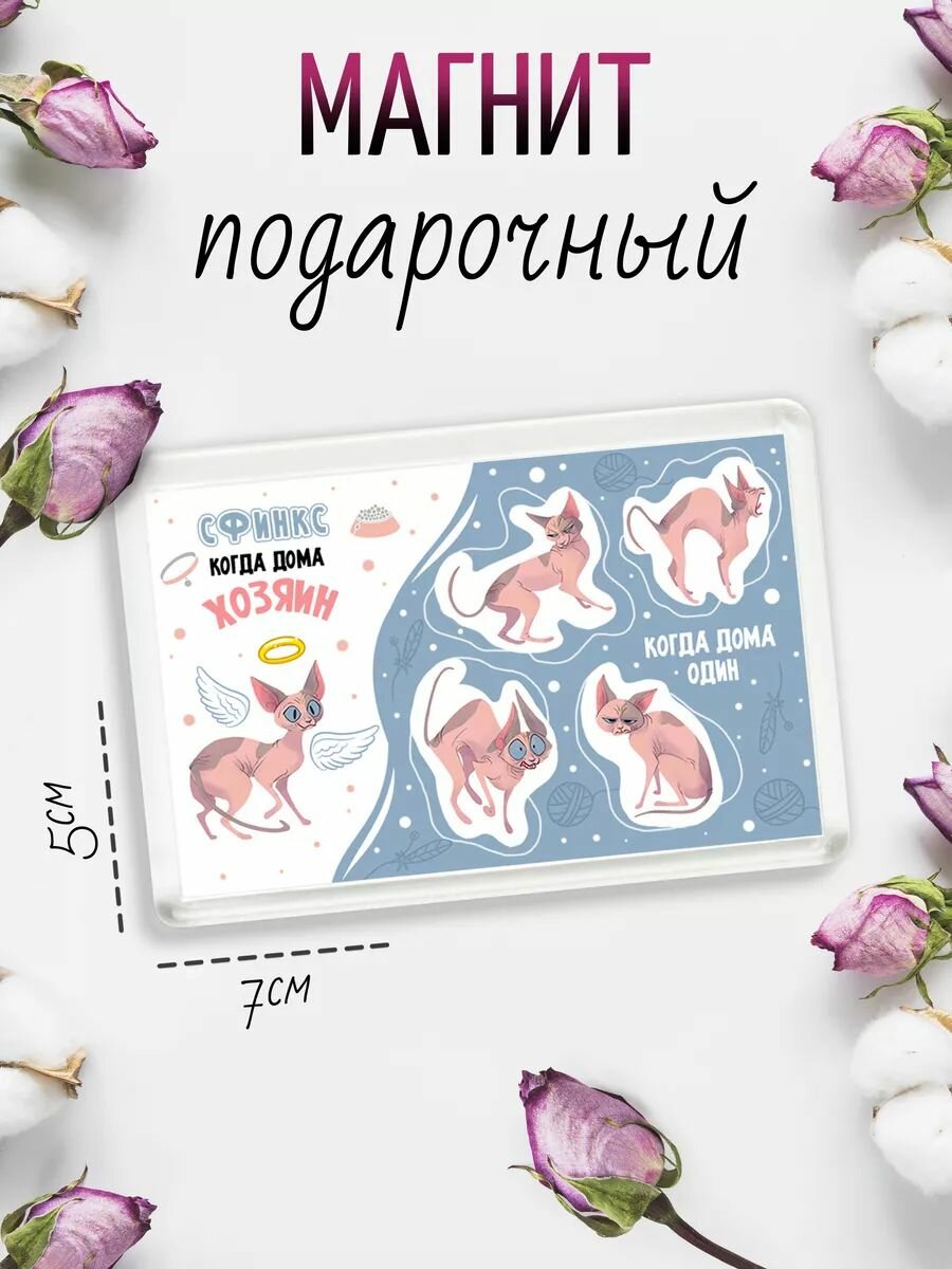 Магнит с рисунком котов разных пород Когда дома один Сфинкс, акриловый, размер 7*5 см